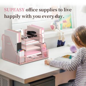 SUPEASY Mesh Desk Organizer with File Holder, 5-Tier Paper Letter Tray Organizer with Magazine Holder, Desktop Organizer and Storage with Drawer for Office Supplies Home or School, Pink