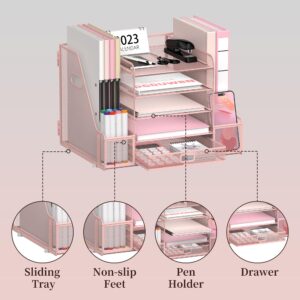 SUPEASY Mesh Desk Organizer with File Holder, 5-Tier Paper Letter Tray Organizer with Magazine Holder, Desktop Organizer and Storage with Drawer for Office Supplies Home or School, Pink