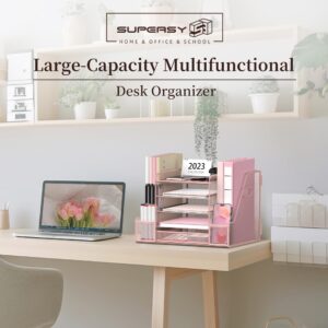 SUPEASY Mesh Desk Organizer with File Holder, 5-Tier Paper Letter Tray Organizer with Magazine Holder, Desktop Organizer and Storage with Drawer for Office Supplies Home or School, Pink