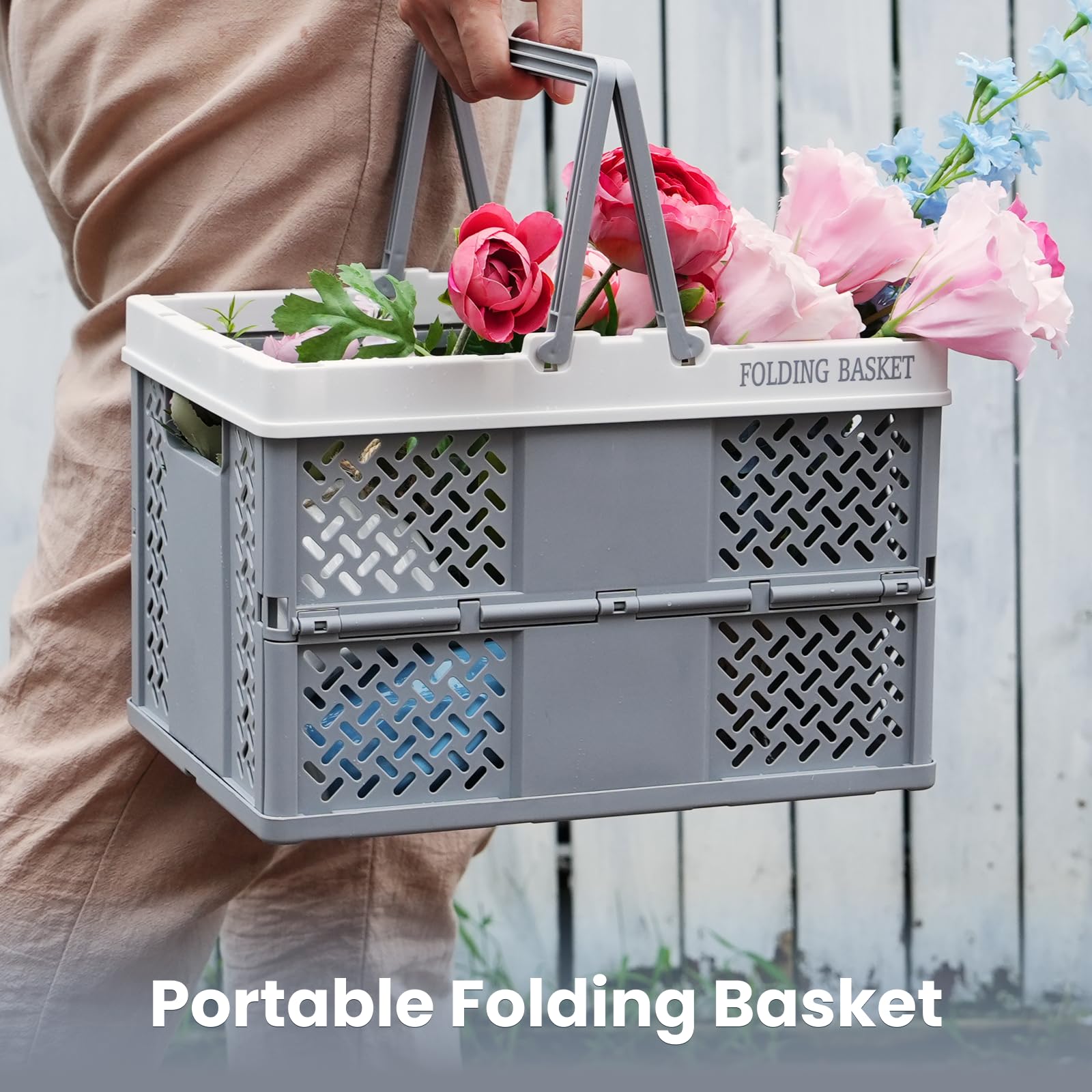 TRZZ 2-Pack Plastic Storage Baskets with Handle, Collapsible Hanging Basket for Organizing, Pastel Storage Crates for Car, Kitchen, Office, Bathroom, and Picnic Organizing, White+Gray. (12.2"x9"x8.2")