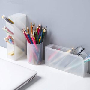 Marbrasse 5 Pcs Desk Organizer for Office, School, Home Supplies, Translucent White Pen Storage Holder, Set of 3, 2 Cups 14 Compartments (White)