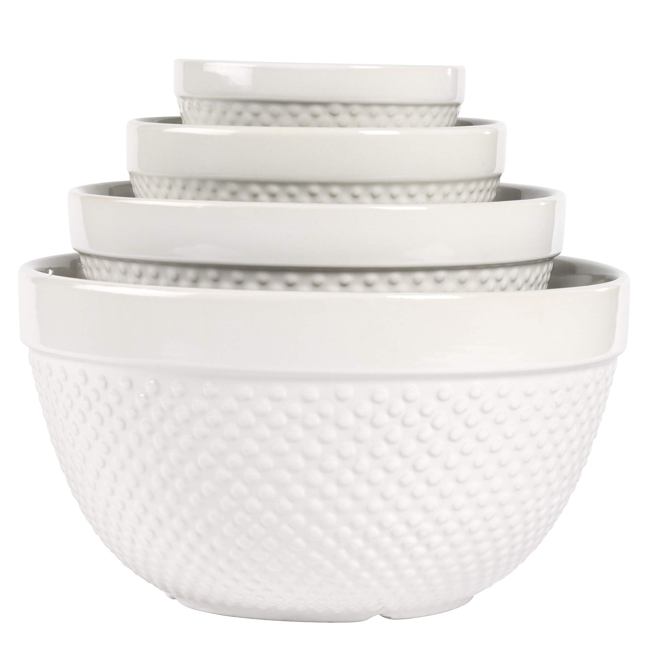 TTU Tabletops Gallery Hobnail Style 4 Piece Classic White Stoneware Nesting Mixing Bowl Set for Baking and Cooking