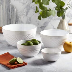 TTU Tabletops Gallery Hobnail Style 4 Piece Classic White Stoneware Nesting Mixing Bowl Set for Baking and Cooking