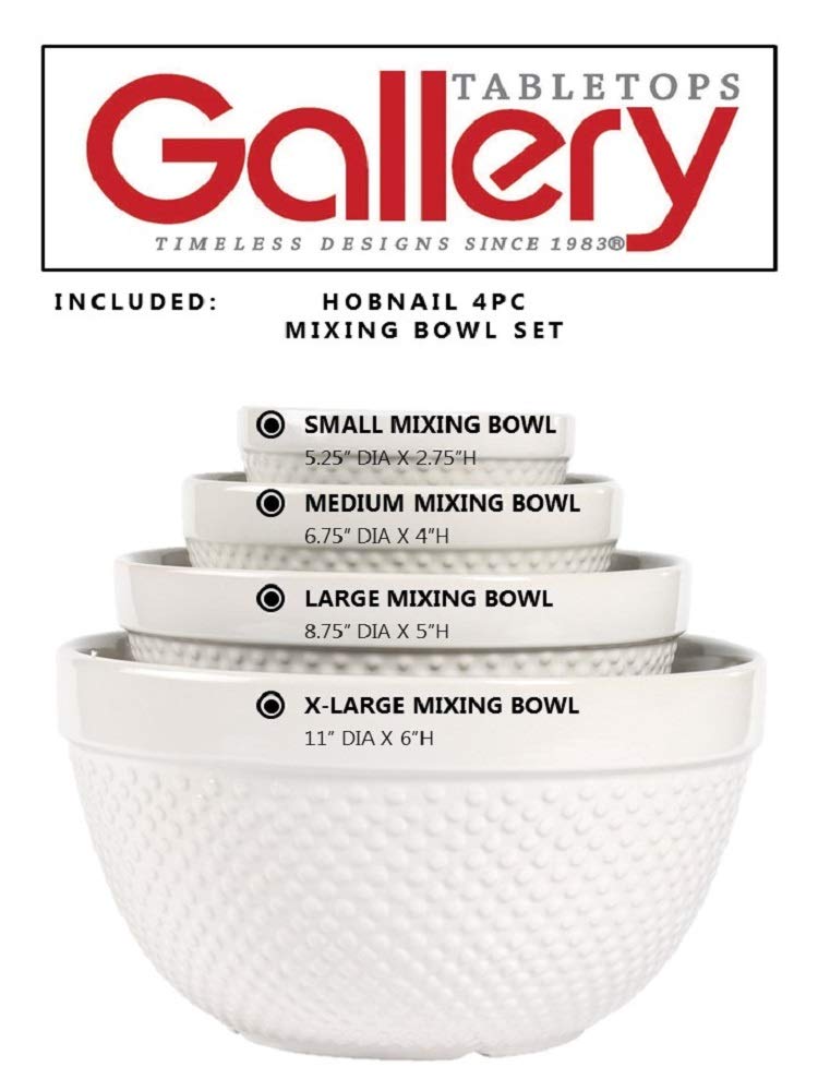 TTU Tabletops Gallery Hobnail Style 4 Piece Classic White Stoneware Nesting Mixing Bowl Set for Baking and Cooking