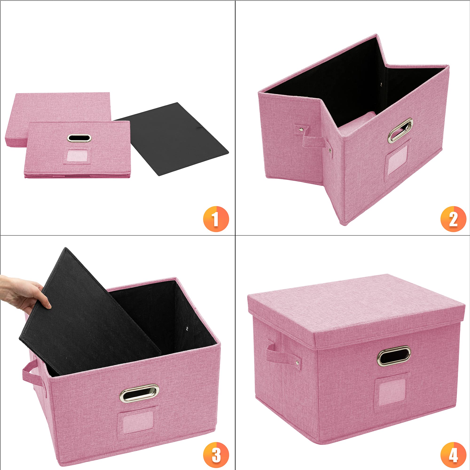 JSungo File Box with 5 Hanging Filing Folders, Document Organizer Storage for Office, Collapsible Linen Storage Box with Lids, Home Portable Storage with Handle, Letter Size Legal Folder, Pink