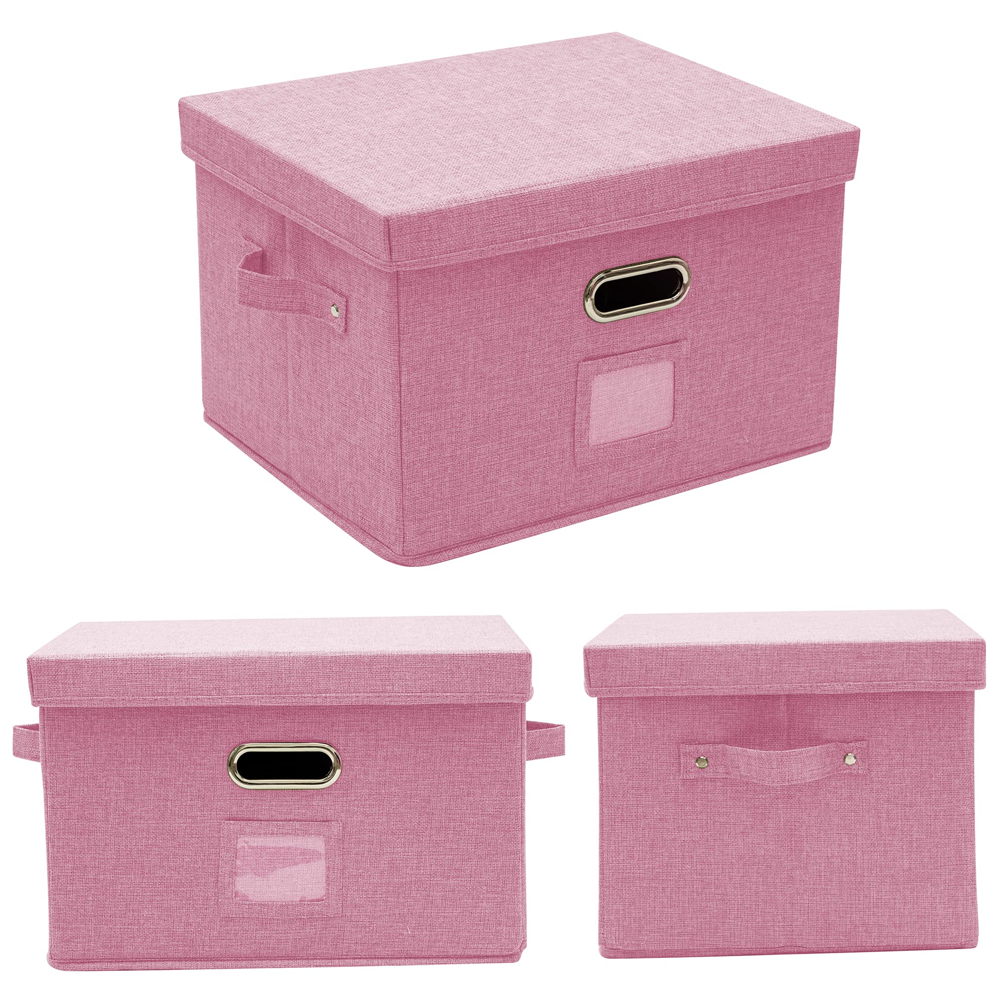 JSungo File Box with 5 Hanging Filing Folders, Document Organizer Storage for Office, Collapsible Linen Storage Box with Lids, Home Portable Storage with Handle, Letter Size Legal Folder, Pink