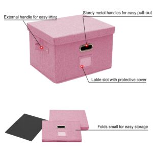 JSungo File Box with 5 Hanging Filing Folders, Document Organizer Storage for Office, Collapsible Linen Storage Box with Lids, Home Portable Storage with Handle, Letter Size Legal Folder, Pink