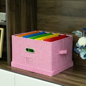 JSungo File Box with 5 Hanging Filing Folders, Document Organizer Storage for Office, Collapsible Linen Storage Box with Lids, Home Portable Storage with Handle, Letter Size Legal Folder, Pink