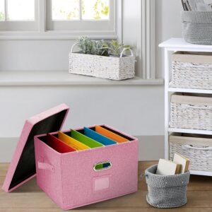 JSungo File Box with 5 Hanging Filing Folders, Document Organizer Storage for Office, Collapsible Linen Storage Box with Lids, Home Portable Storage with Handle, Letter Size Legal Folder, Pink