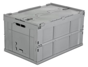 mount-it! collapsible plastic storage crate, folding and stackable utility distribution container with attached lid, 65l liter capacity, pack of 1