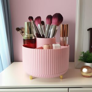 wenkedigi large makeup brush holder organizer pink , 360° spinning makeup brush holder desk organizer, 5 slot makeup organizer for vanity,large pencil holder organizer ( pink )