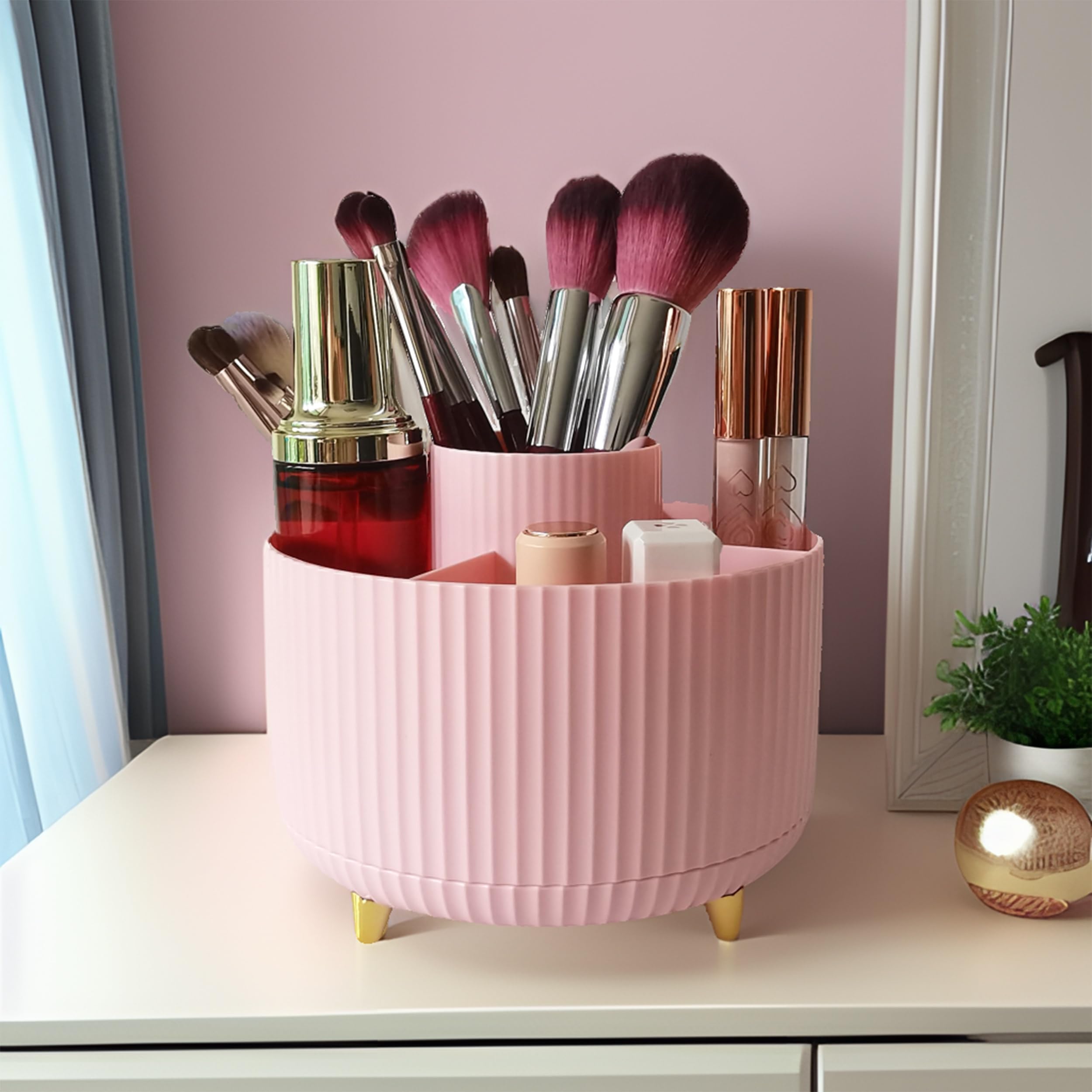 WenkeDigi Large Makeup Brush Holder Organizer Pink , 360° Spinning Makeup Brush Holder Desk Organizer, 5 Slot Makeup Organizer for Vanity,Large Pencil Holder Organizer ( Pink )