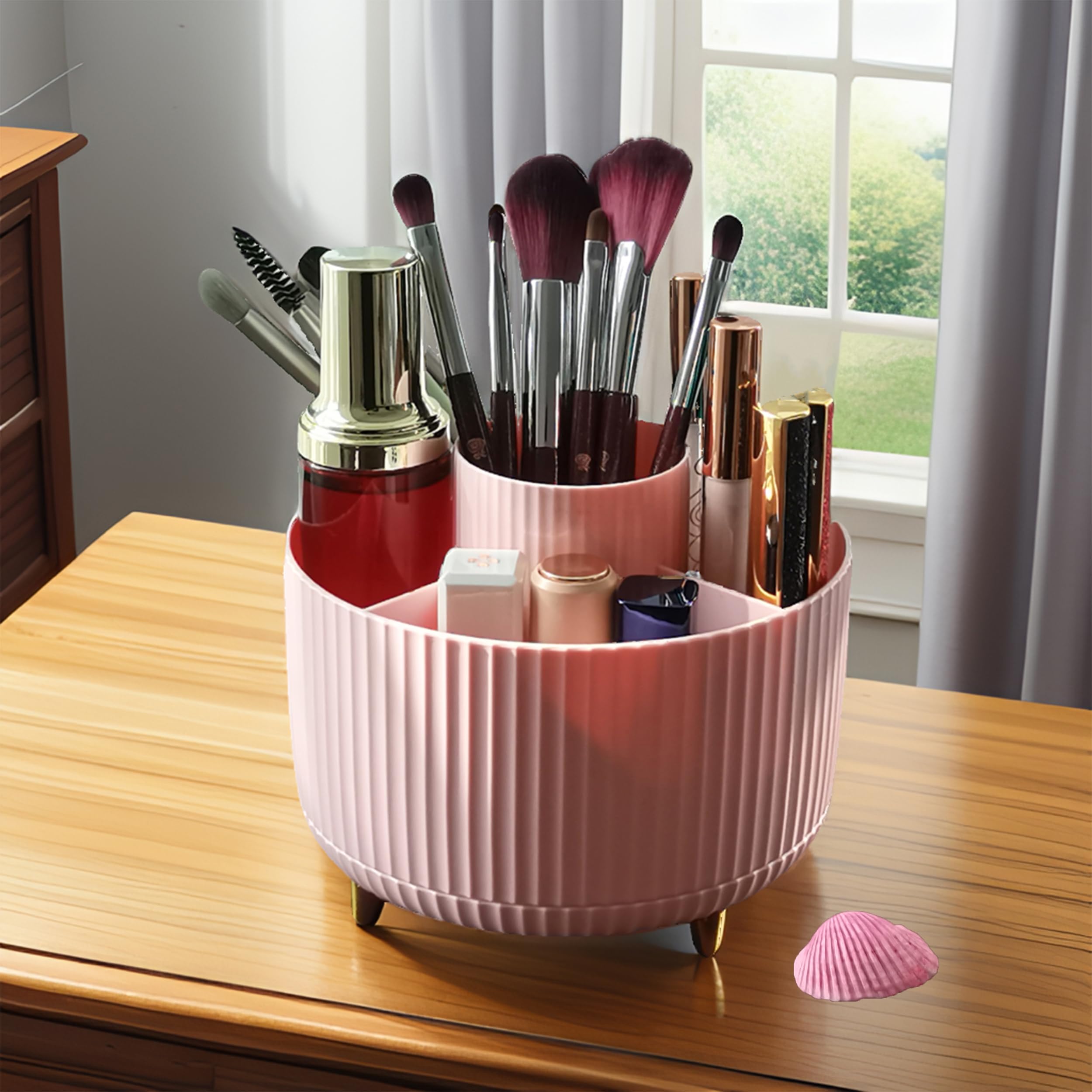 WenkeDigi Large Makeup Brush Holder Organizer Pink , 360° Spinning Makeup Brush Holder Desk Organizer, 5 Slot Makeup Organizer for Vanity,Large Pencil Holder Organizer ( Pink )