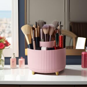 WenkeDigi Large Makeup Brush Holder Organizer Pink , 360° Spinning Makeup Brush Holder Desk Organizer, 5 Slot Makeup Organizer for Vanity,Large Pencil Holder Organizer ( Pink )