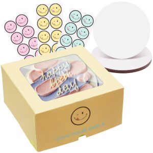 loopic 12pcs 10x10x5inch cake boxes with window, 12pcs cake board, free smiley stickers for pastry boxes, baking boxes, takeout container for cake, donuts, cookies, chocolate strawberries (yellow)