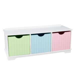 kidkraft nantucket wooden storage bench with three bins and wainscoting detail - pastel, gift for ages 3+