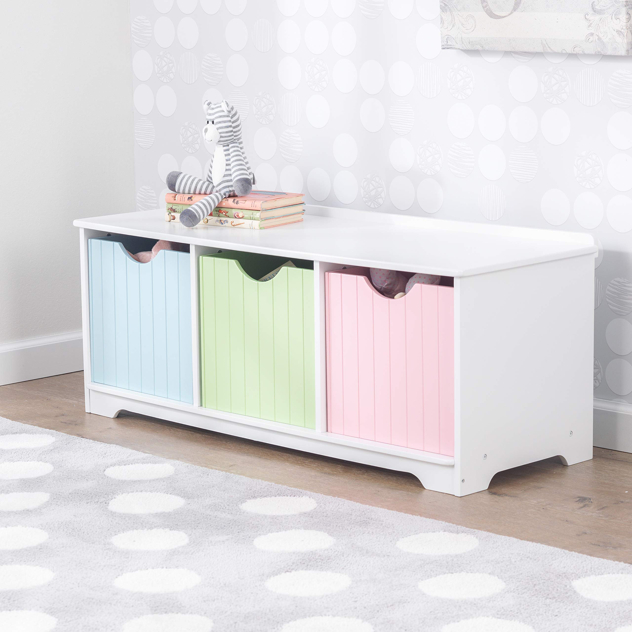 KidKraft Nantucket Wooden Storage Bench with Three Bins and Wainscoting Detail - Pastel, Gift for Ages 3+