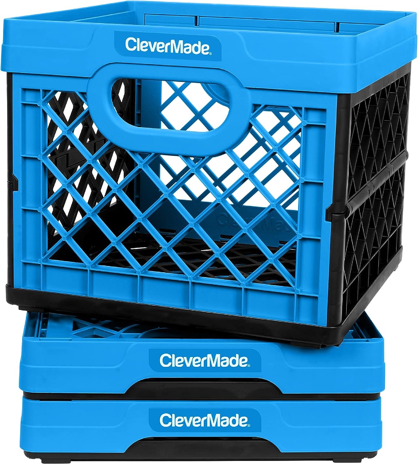 CleverMade Collapsible Milk Crate, Neptune Blue, 3PK - 25L (6 Gal) Stackable Storage Bins, Holds 50lbs Per Bin - Clevercrates are Heavy Duty, Plastic Collapsible Storage Crate for Multi Purposes