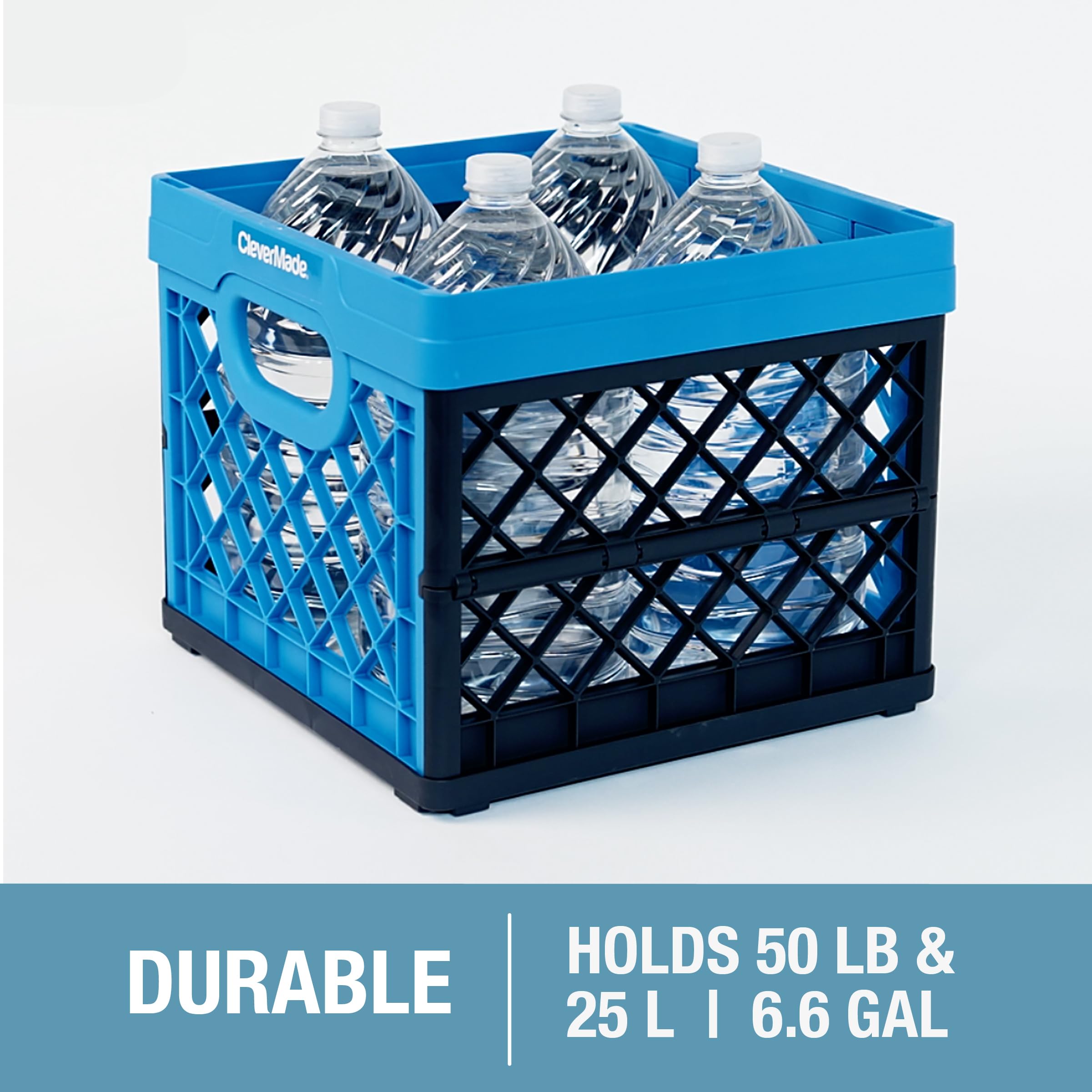 CleverMade Collapsible Milk Crate, Neptune Blue, 3PK - 25L (6 Gal) Stackable Storage Bins, Holds 50lbs Per Bin - Clevercrates are Heavy Duty, Plastic Collapsible Storage Crate for Multi Purposes