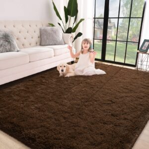 jelymark super soft shaggy rug for bedroom, 5x8 feet fluffy carpet for living room, fuzzy indoor plush area rug for home decor, furry floor rugs for dorm, kids nursery rug for girls, brown