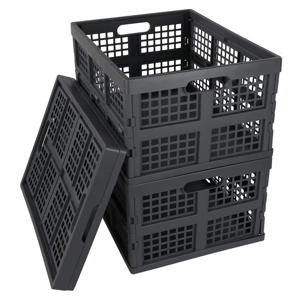 Idotry Plastic Folding Storage Crates, Grey Collapsible Basket, 28 L, Set of 3