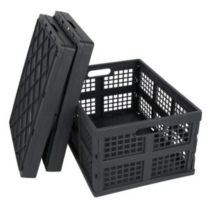 Idotry Plastic Folding Storage Crates, Grey Collapsible Basket, 28 L, Set of 3