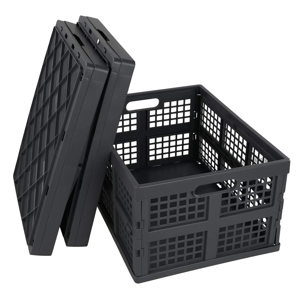 Idotry Plastic Folding Storage Crates, Grey Collapsible Basket, 28 L, Set of 3