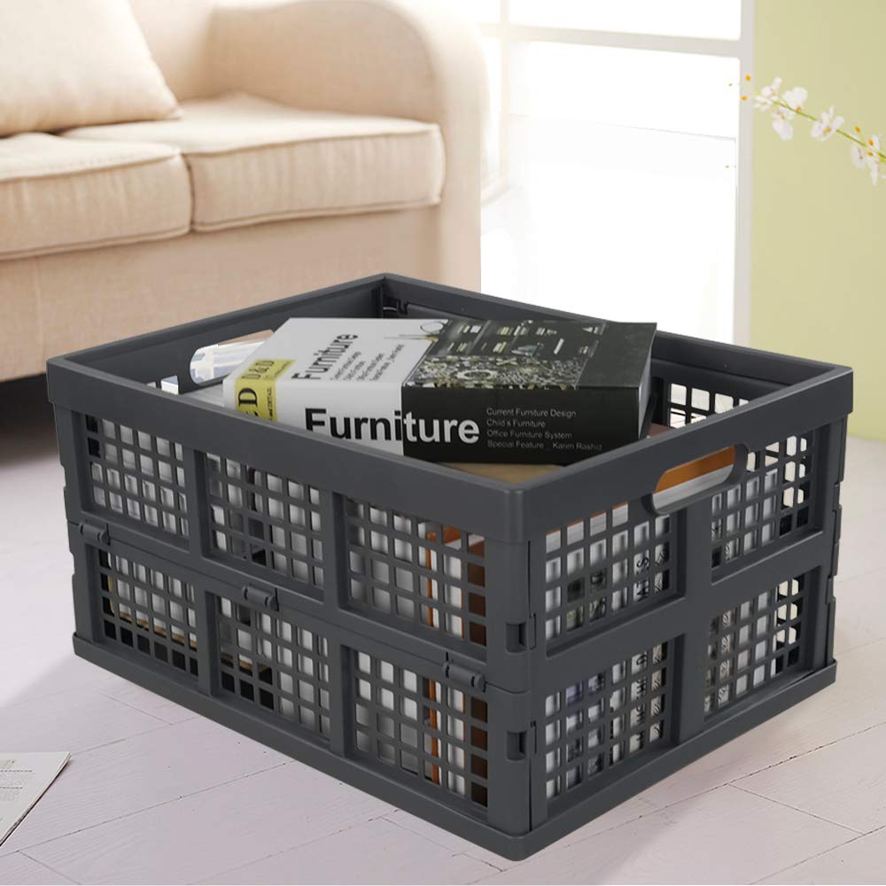 Idotry Plastic Folding Storage Crates, Grey Collapsible Basket, 28 L, Set of 3