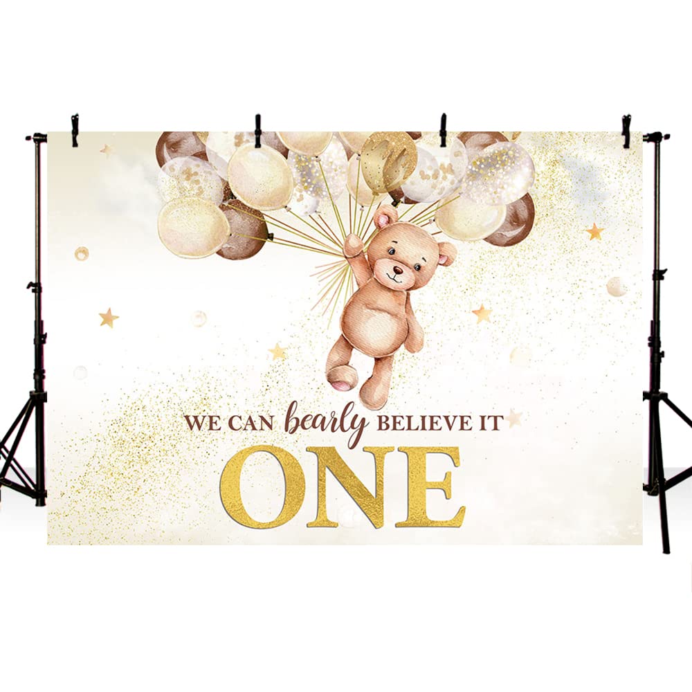 MEHOFOND Boy Girl 1st Birthday Bear Backdrop We Can Bearly Believe It One Happy First Birthday Banner Decorations Photography Background Kids Portrait Cake Table Supplies 7x5ft