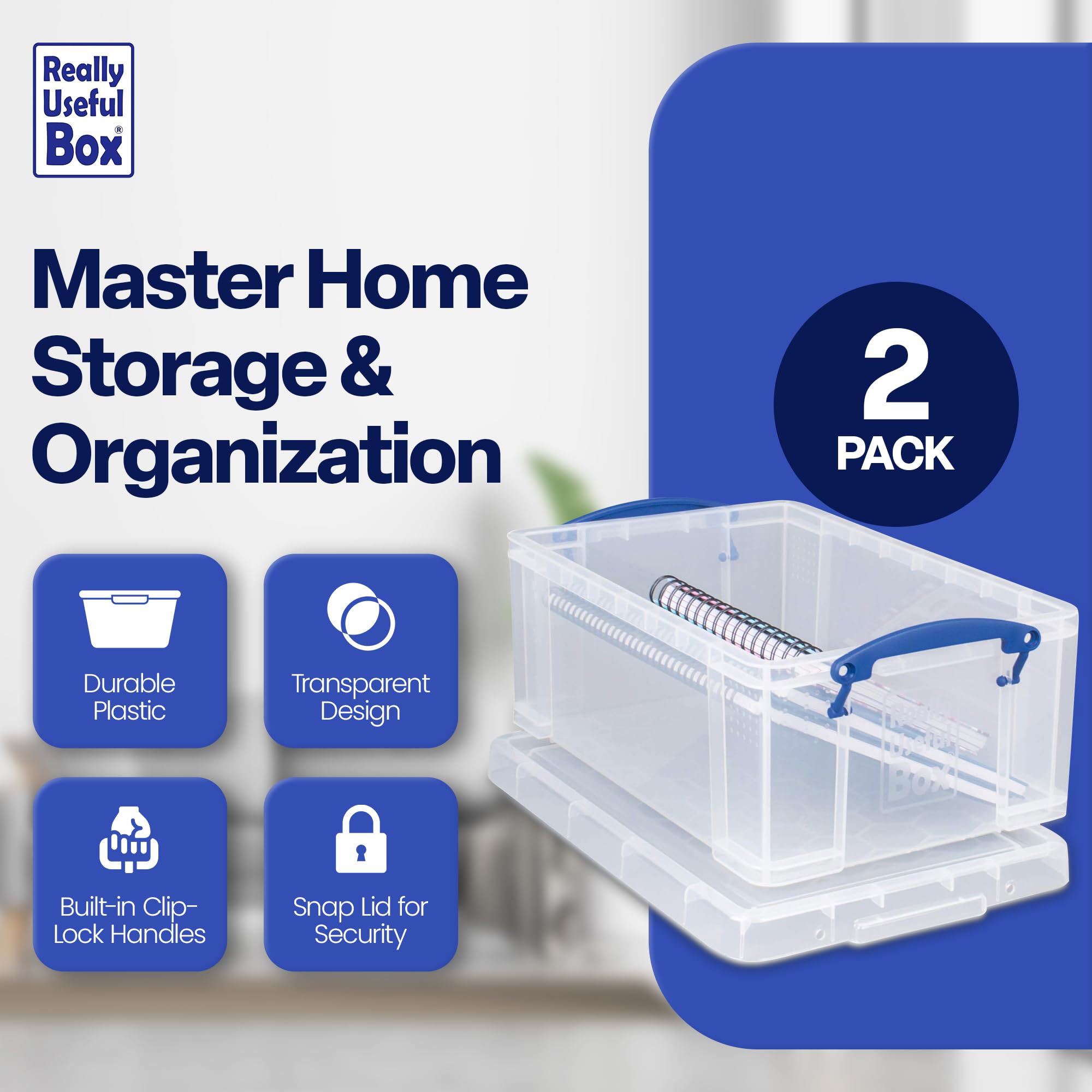 Really Useful Box 9 Liter Plastic Storage Bins with Lids and Clip Lock Handles for Home or Office Organization and Storage (2 Pack)