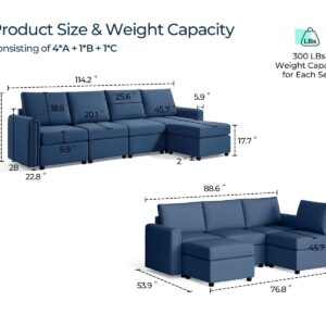 LINSY HOME Sectional Sofa, Blue, 300lb Weight Capacity, Changeable Covers, Storage Seat, BIFMA X5.4-2020 Certificated, Memory Foam Cushion, Easy Assembly, 6 Packages