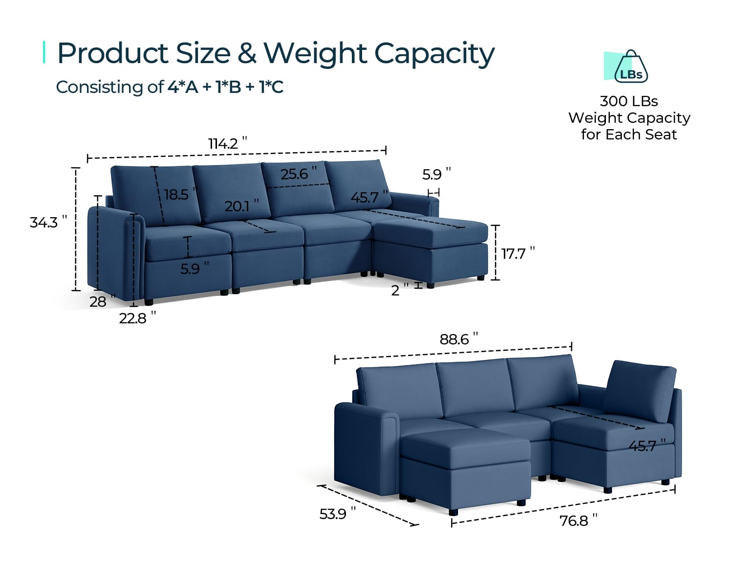 LINSY HOME Sectional Sofa, Blue, 300lb Weight Capacity, Changeable Covers, Storage Seat, BIFMA X5.4-2020 Certificated, Memory Foam Cushion, Easy Assembly, 6 Packages