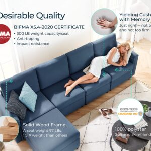 LINSY HOME Sectional Sofa, Blue, 300lb Weight Capacity, Changeable Covers, Storage Seat, BIFMA X5.4-2020 Certificated, Memory Foam Cushion, Easy Assembly, 6 Packages