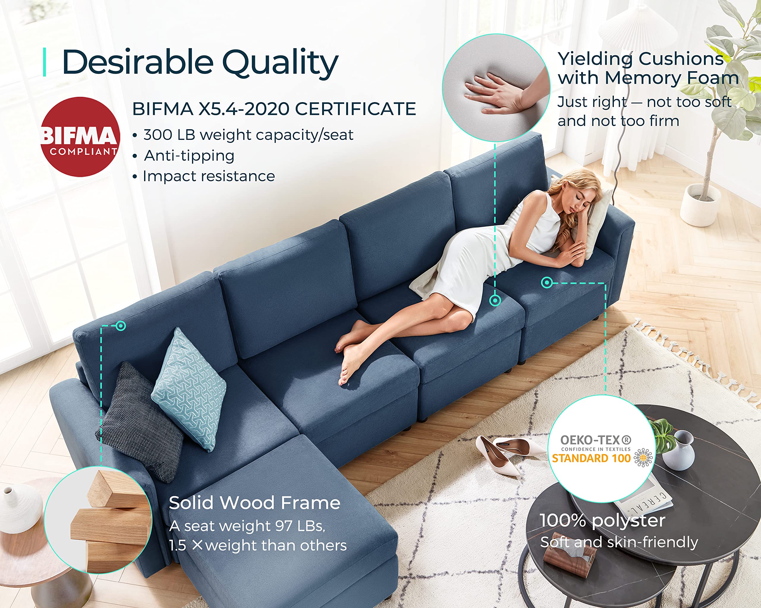 LINSY HOME Sectional Sofa, Blue, 300lb Weight Capacity, Changeable Covers, Storage Seat, BIFMA X5.4-2020 Certificated, Memory Foam Cushion, Easy Assembly, 6 Packages