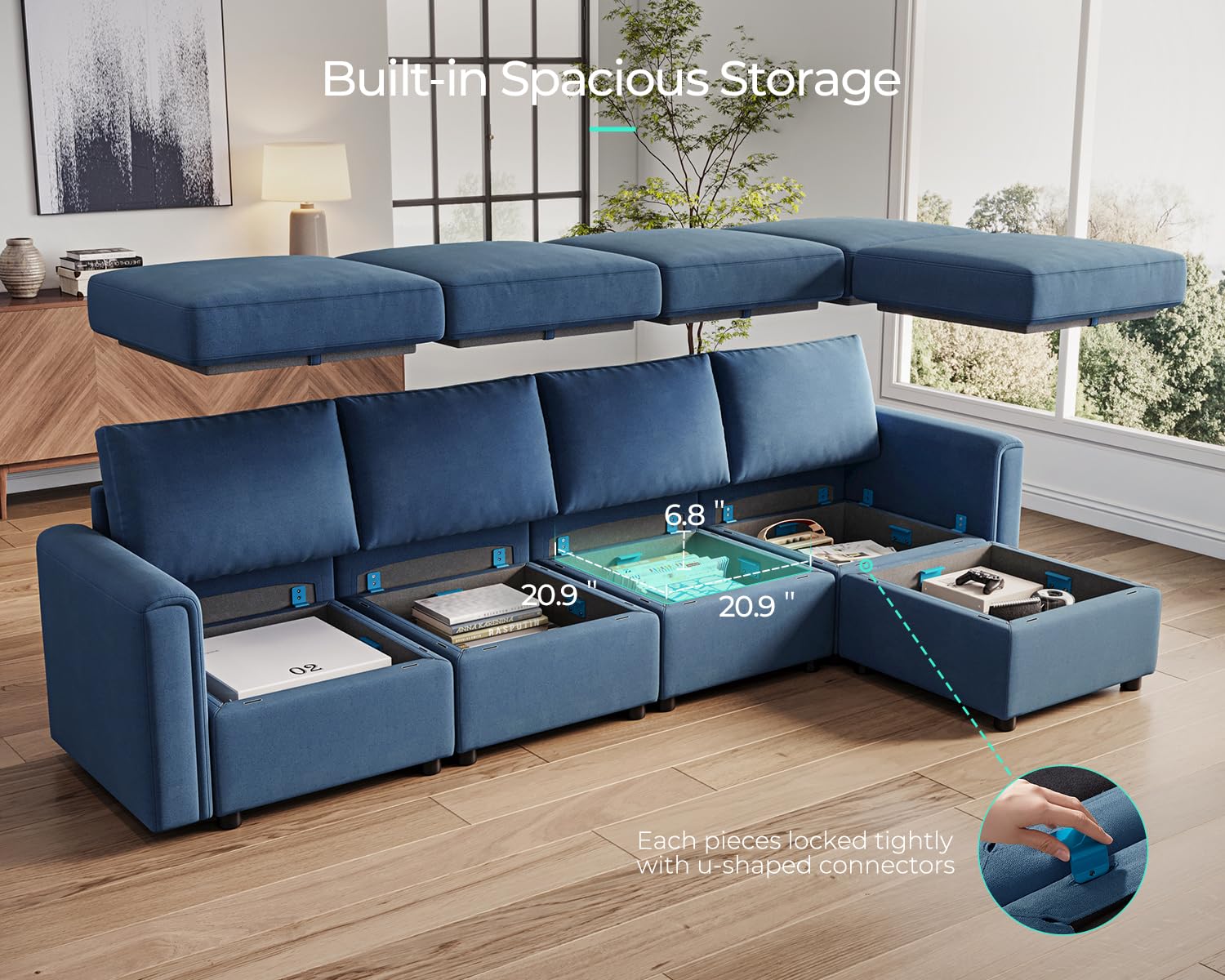 LINSY HOME Sectional Sofa, Blue, 300lb Weight Capacity, Changeable Covers, Storage Seat, BIFMA X5.4-2020 Certificated, Memory Foam Cushion, Easy Assembly, 6 Packages