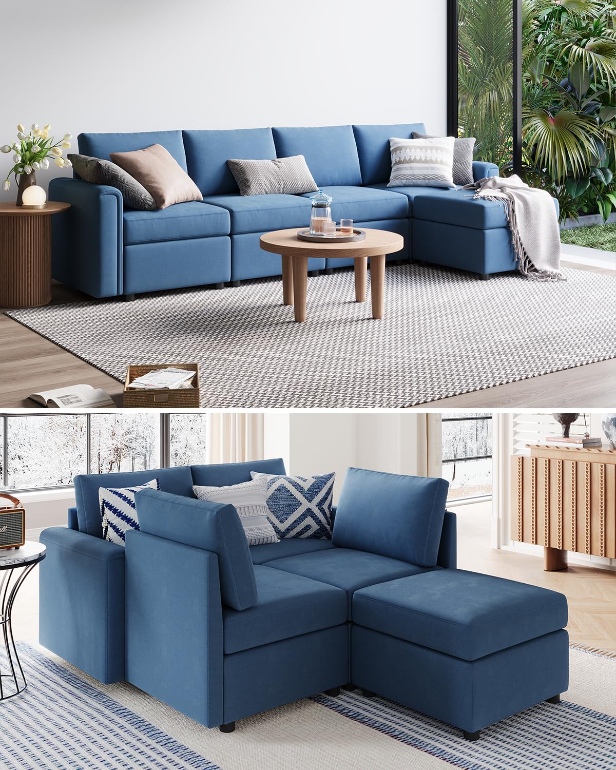 LINSY HOME Sectional Sofa, Blue, 300lb Weight Capacity, Changeable Covers, Storage Seat, BIFMA X5.4-2020 Certificated, Memory Foam Cushion, Easy Assembly, 6 Packages