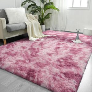 flydoit large area rugs for living room, 5x8 feet tie-dyed blush shaggy rug fluffy throw carpets, ultra soft plush modern indoor fuzzy rugs for bedroom girls kids nursery room dorm home decor