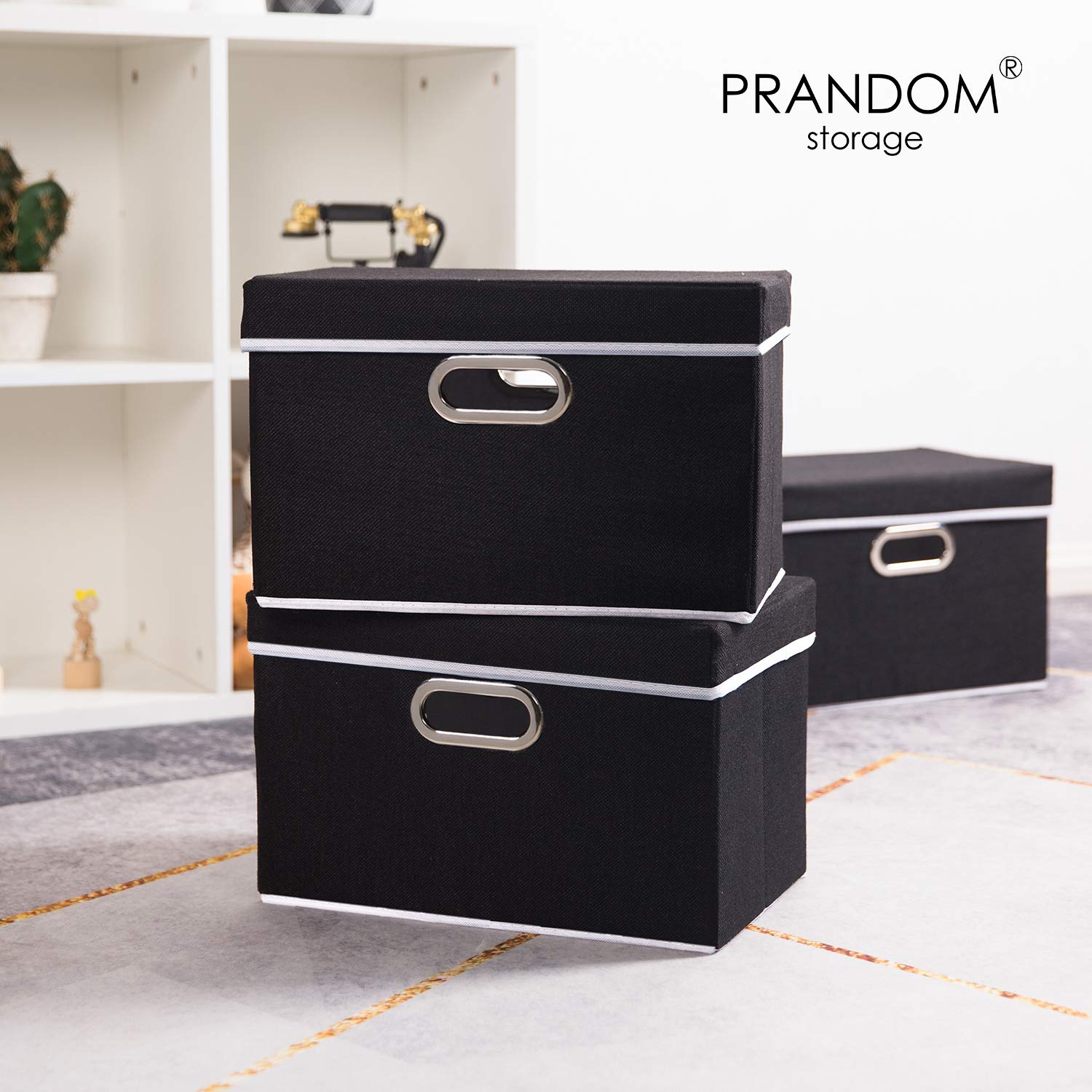 PRANDOM Foldable Storage Bin with Lid [5-Pack] Linen Fabric Decorative Storage Box Organizer Container Basket Cube with Handles Divider for Closet Office Living Room Black(14.9x9.8x9.8)