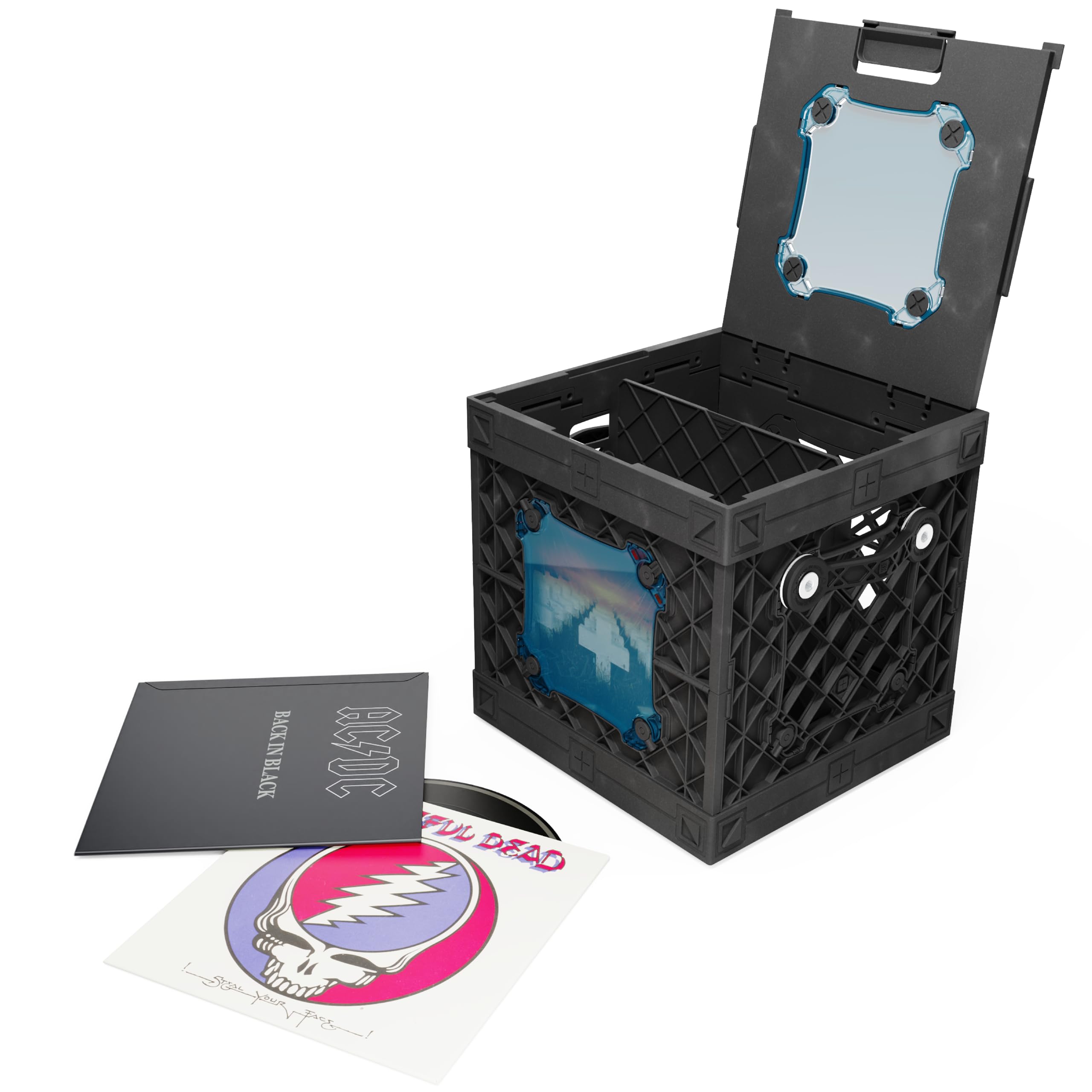 UbeCube CrateVinyl DJ - Vinyl Record Storage Crate Modular Storage Cube for LP Albums with Divider, Rubber Handles and Transparent Panels (Black crate - Blue tint panels)