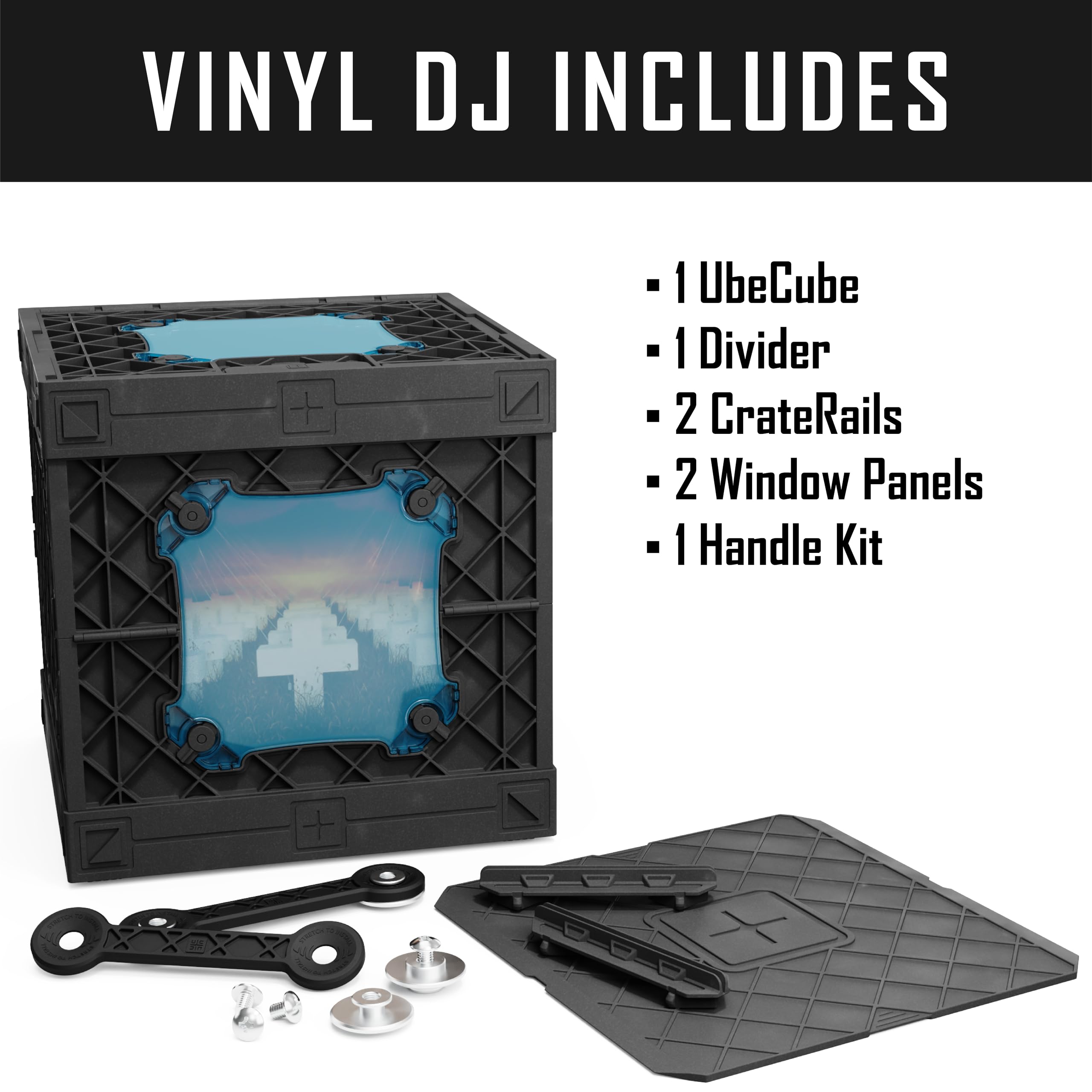 UbeCube CrateVinyl DJ - Vinyl Record Storage Crate Modular Storage Cube for LP Albums with Divider, Rubber Handles and Transparent Panels (Black crate - Blue tint panels)