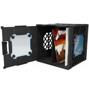 UbeCube CrateVinyl DJ - Vinyl Record Storage Crate Modular Storage Cube for LP Albums with Divider, Rubber Handles and Transparent Panels (Black crate - Blue tint panels)