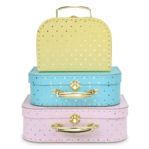 jewelkeeper paperboard suitcases, set of 3 vintage decorative storage box, luggage decor storage, vintage decor for birthday, weddings, pink, blue, yellow with gold polka dots