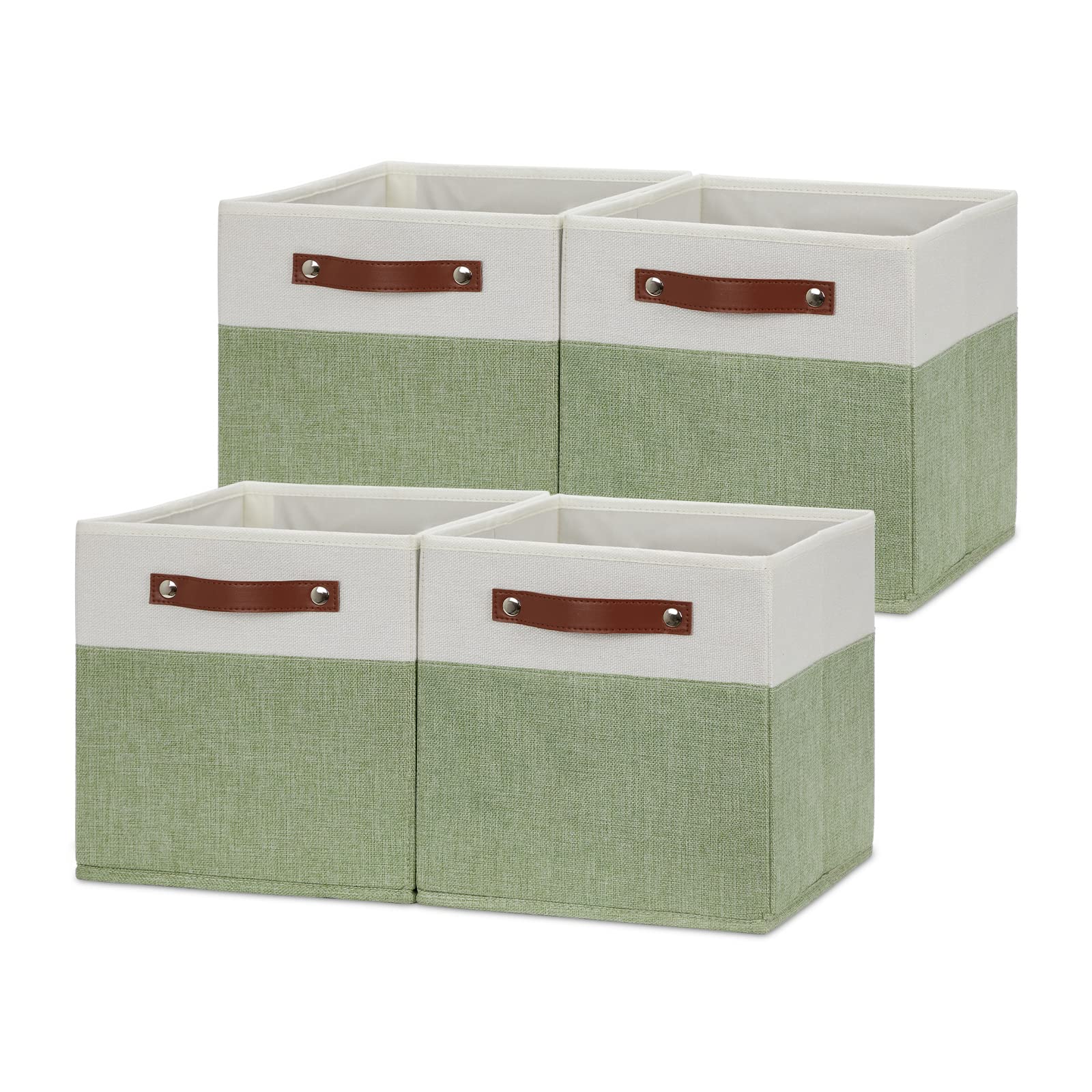 HNZIGE Fabric 11x11 Cube Storage Bins, Set of 4, Foldable Storage Cube Bin Baskets for Shelves with Handles, Bins for Cube Organizer Home Toy Nursery Closet(Green White)