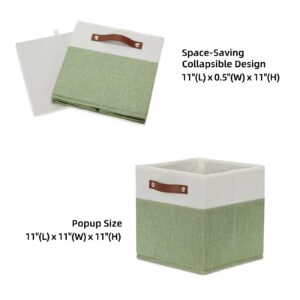 HNZIGE Fabric 11x11 Cube Storage Bins, Set of 4, Foldable Storage Cube Bin Baskets for Shelves with Handles, Bins for Cube Organizer Home Toy Nursery Closet(Green White)