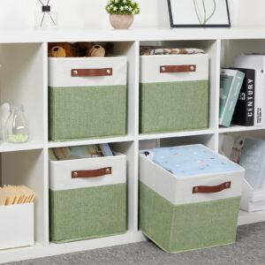 HNZIGE Fabric 11x11 Cube Storage Bins, Set of 4, Foldable Storage Cube Bin Baskets for Shelves with Handles, Bins for Cube Organizer Home Toy Nursery Closet(Green White)