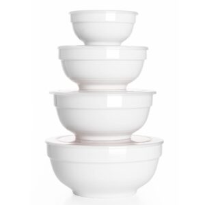 dowan ceramic bowl set with lids, serving bowls with lids, food storage container, porcelain prep bowl, small mixing bowls for kitchen, microwave & dishwasher safe, 64/42/22/12 ounces, set of 4