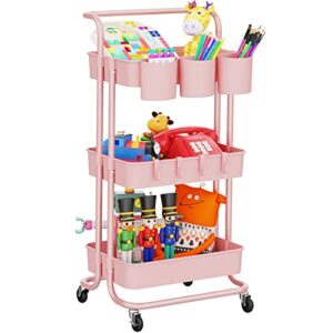 3-tier rolling mobile utility cart with hanging cups & hooks & handle multifunctional organizer storage trolley service cart with wheels easy assembly for office, bathroom, kitchen(pink)