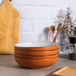 AmorArc 8.5'' Stoneware Pasta Bowls, 32oz Large Speckled Bowls Set of 4 for Kitchen, Wide Bowls for Pasta,Salad,Oatmeal, Microwave&Dishwasher Safe, Matte Orange