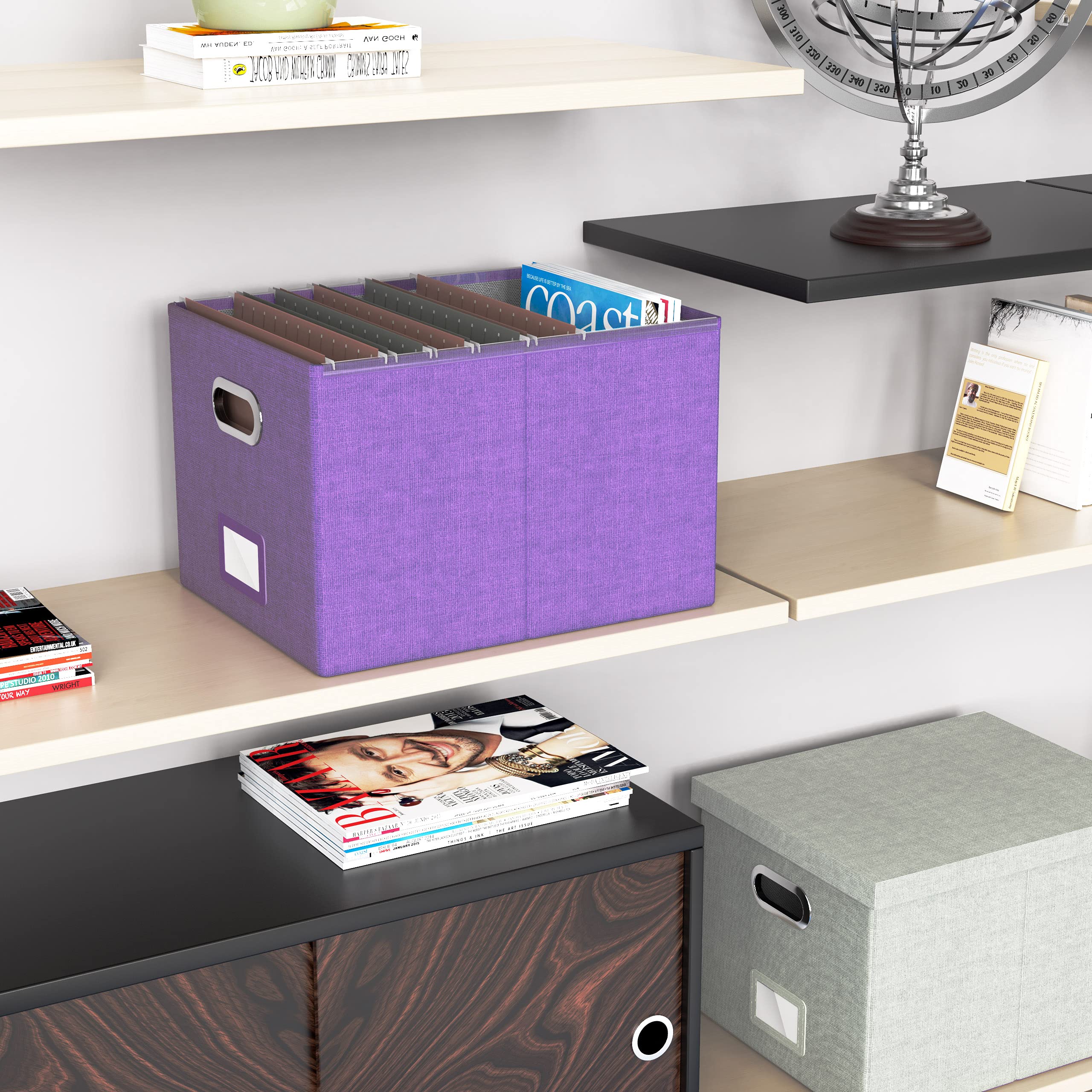 Oterri File Organizer Box,Filing Box with Lid,File Box for Letter/Legal File Folder Storage, Portable Hanging File Box for Office/Decor/Home,1 Pack,Purple-Box only