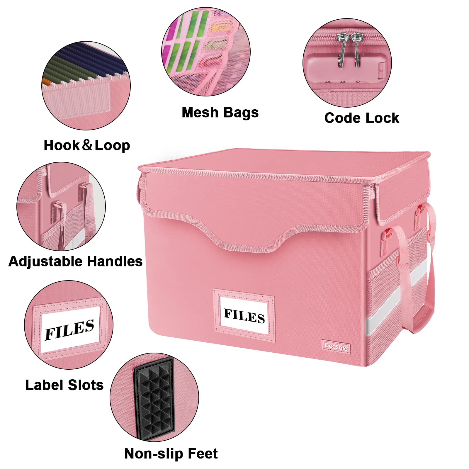 DocSafe File Box Fireproof Document Box with Lock,File Storage Organizer Box with Insert Pockets,Collapsible Portable File Box Home Office File Cabinet with Handle for Hanging Letter/Legal Folder,Pink